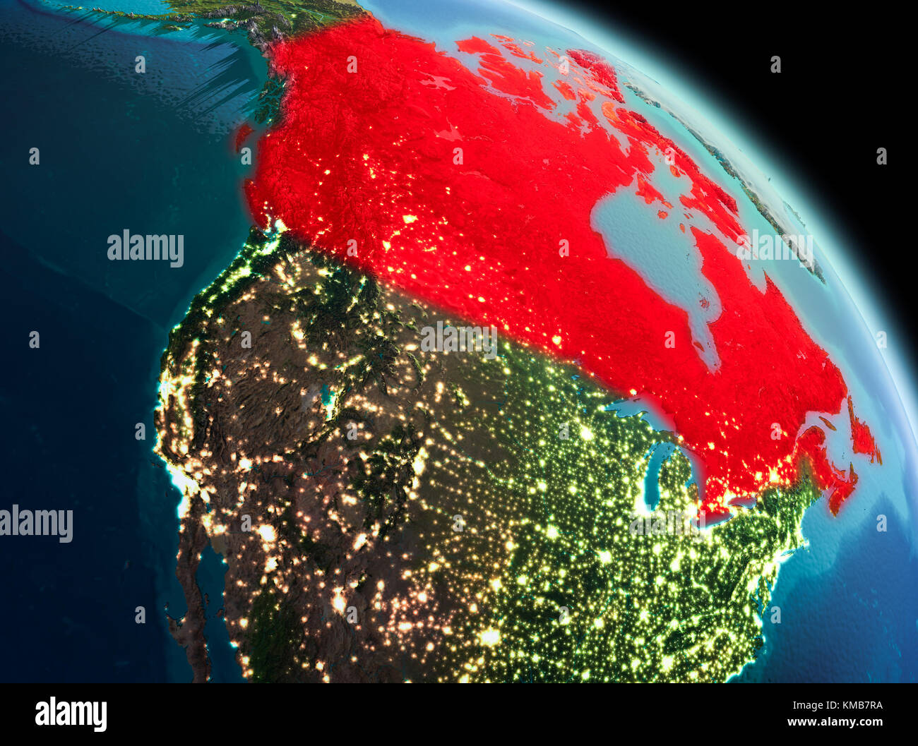 Satellite morning view of Canada highlighted in red on planet Earth. 3D ...