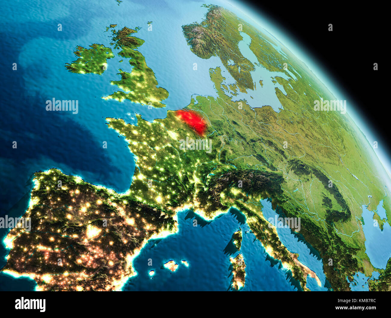 Satellite morning view of Belgium highlighted in red on planet Earth. 3D illustration. Elements ...