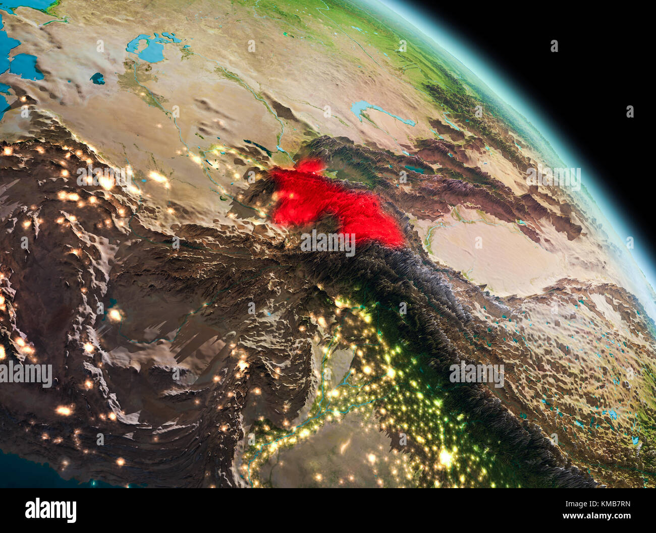 Satellite morning view of Tajikistan highlighted in red on planet Earth. 3D illustration ...