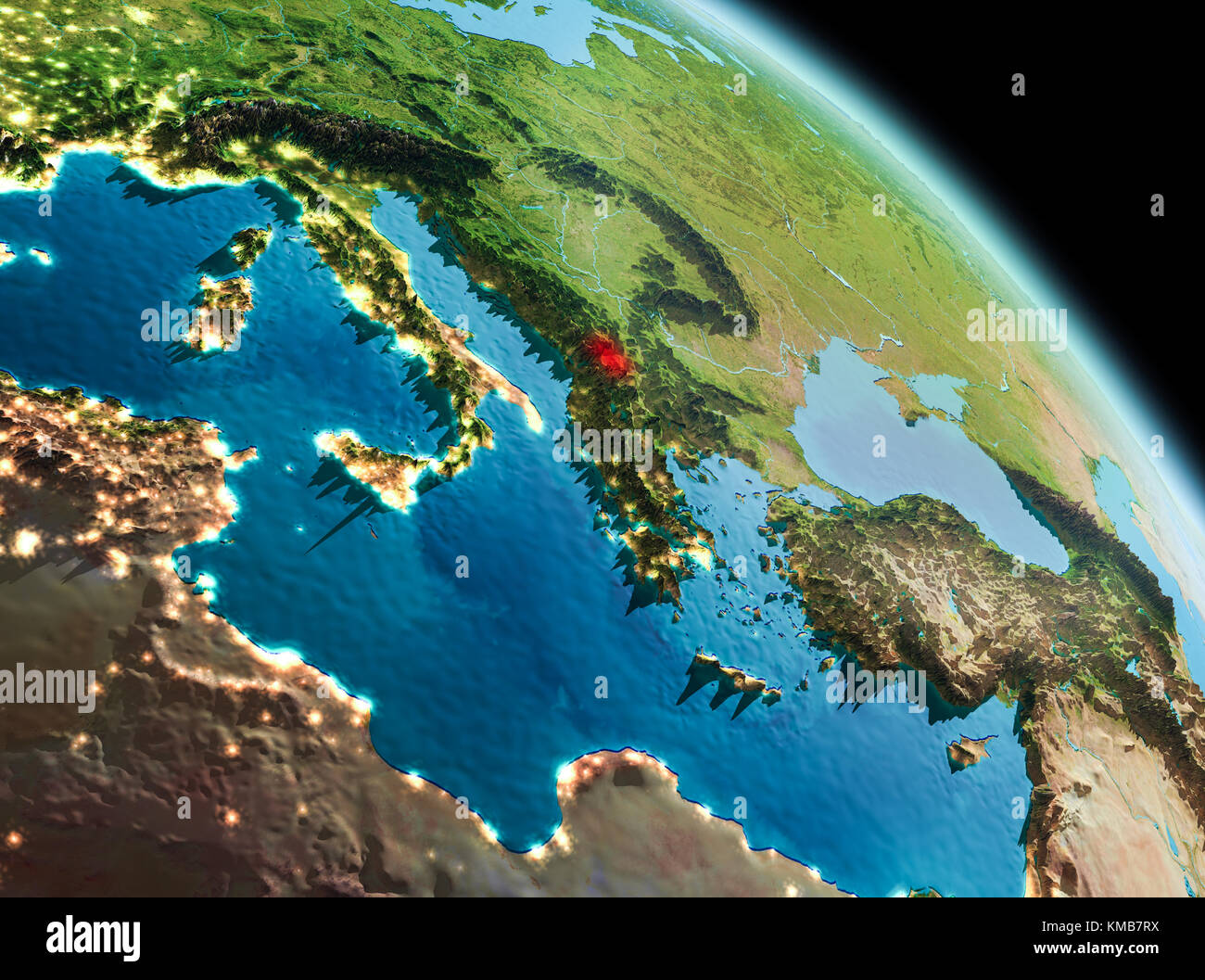 Satellite morning view of Kosovo highlighted in red on planet Earth. 3D illustration. Elements ...