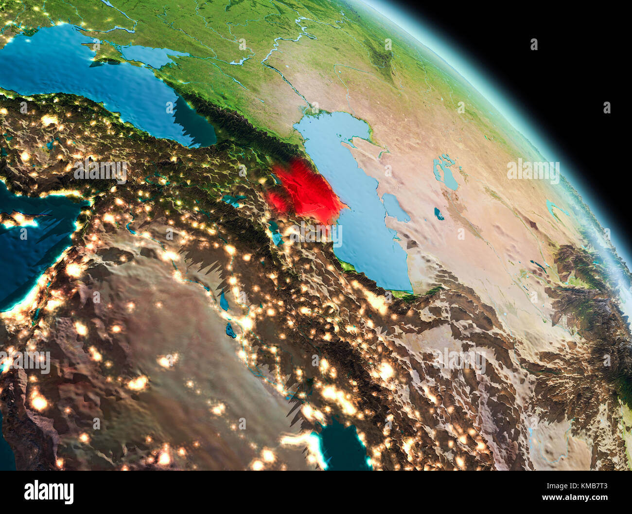 Satellite morning view of Azerbaijan highlighted in red on planet Earth. 3D illustration ...