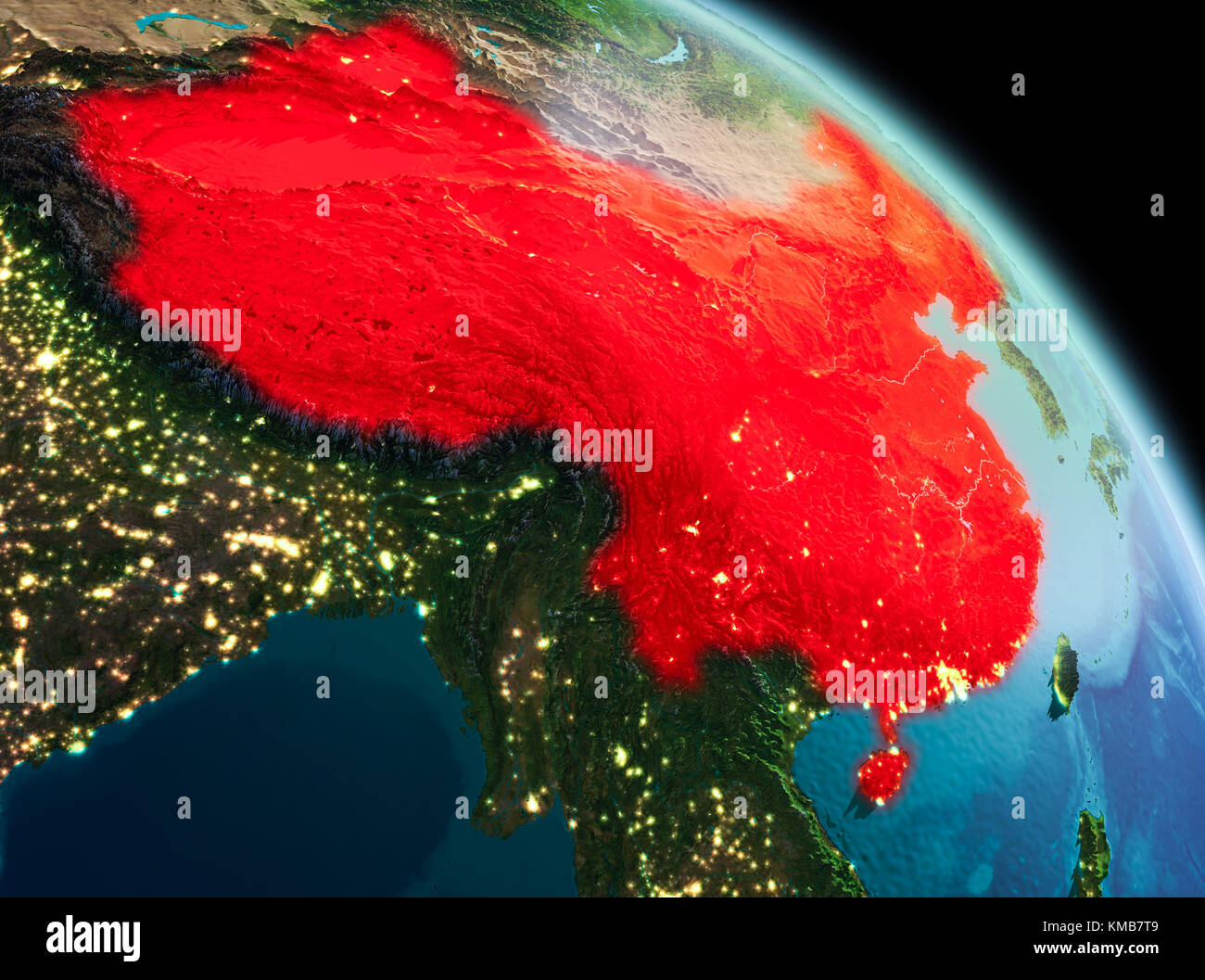 Satellite morning view of China highlighted in red on planet Earth. 3D ...