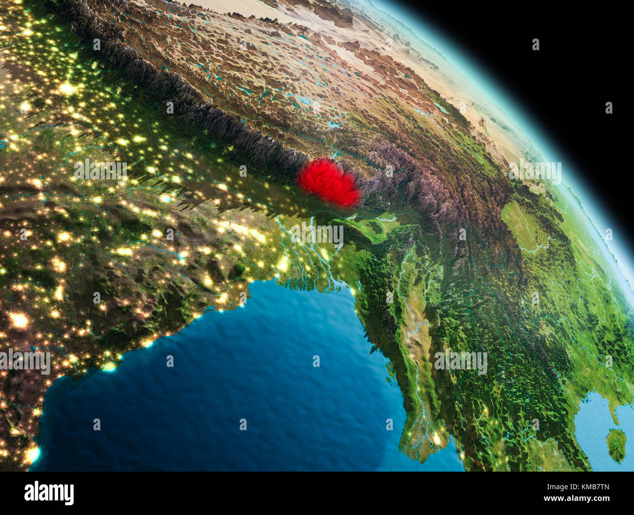 Satellite morning view of Bhutan highlighted in red on planet Earth. 3D illustration. Elements ...