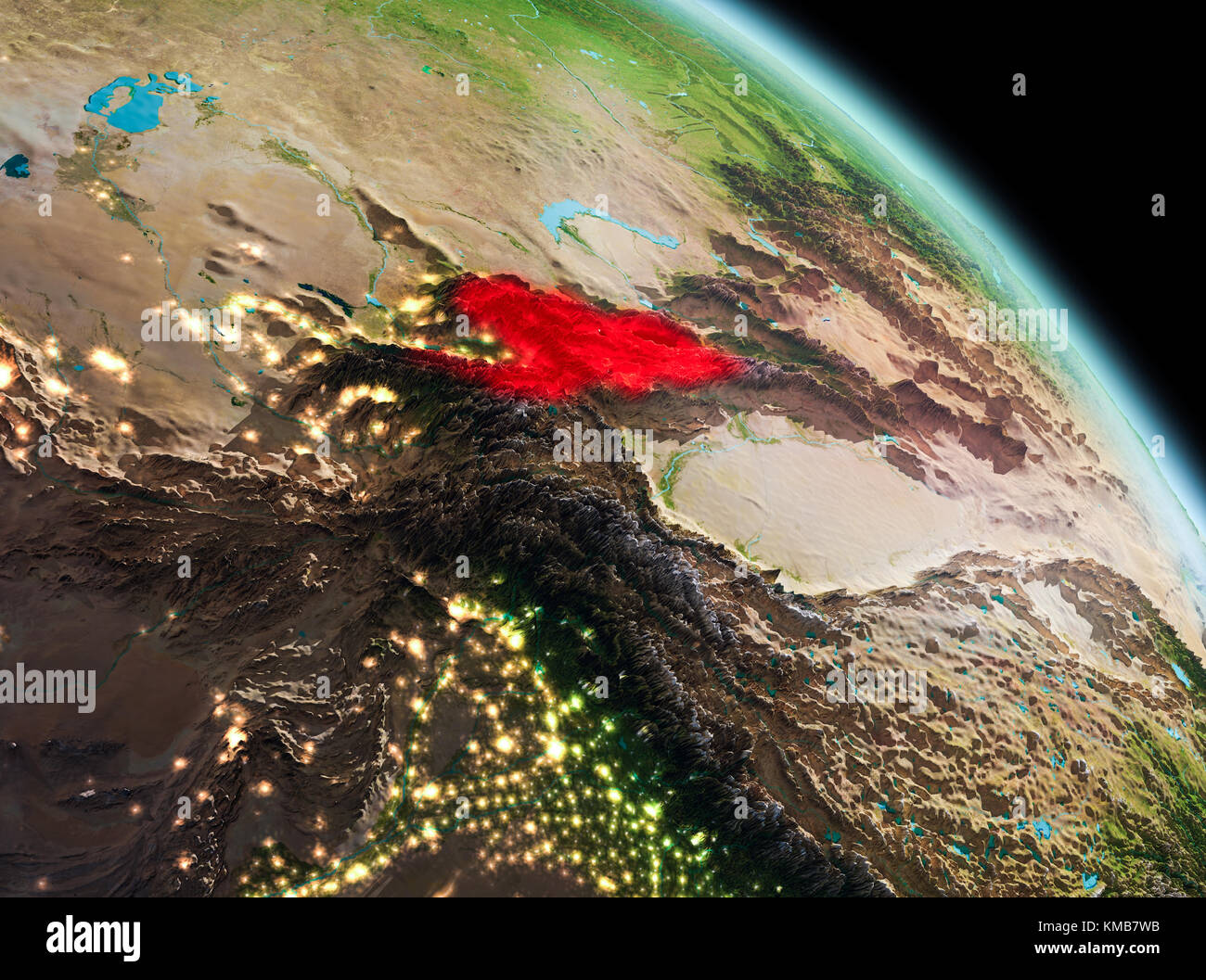 Satellite morning view of Kyrgyzstan highlighted in red on planet Earth. 3D illustration ...