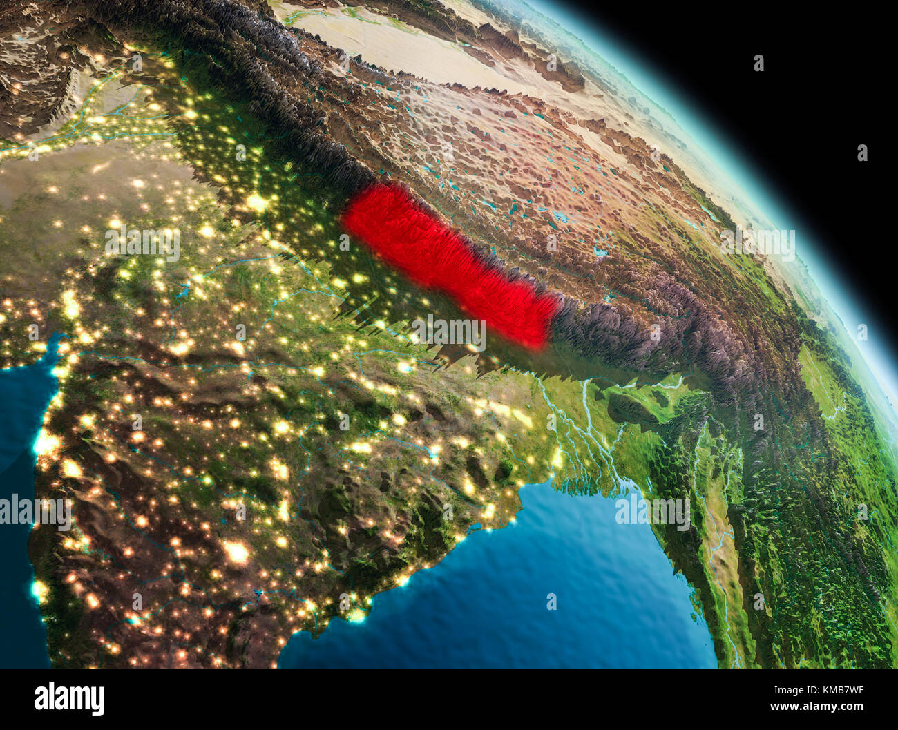 Satellite morning view of Nepal highlighted in red on planet Earth. 3D illustration. Elements of ...