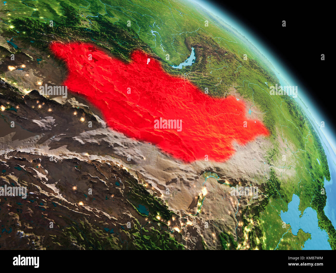 Satellite morning view of Mongolia highlighted in red on planet Earth ...