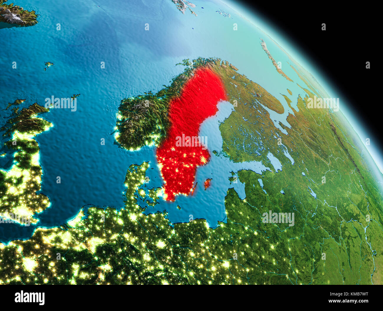 Satellite morning view of Sweden highlighted in red on planet Earth. 3D illustration. Elements ...