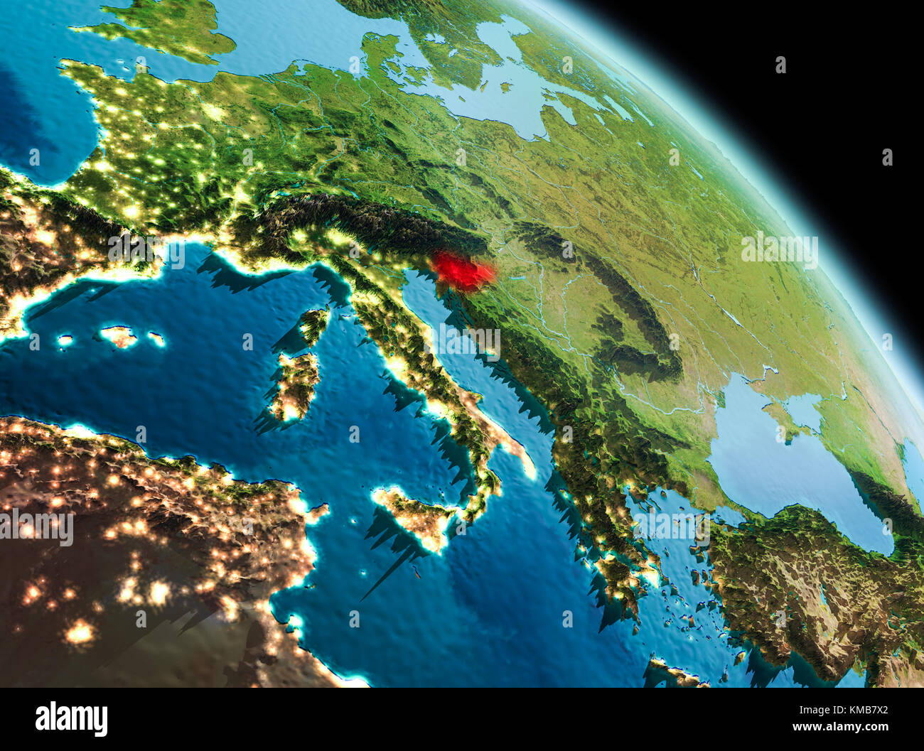 Satellite morning view of Slovenia highlighted in red on planet Earth. 3D illustration. Elements ...