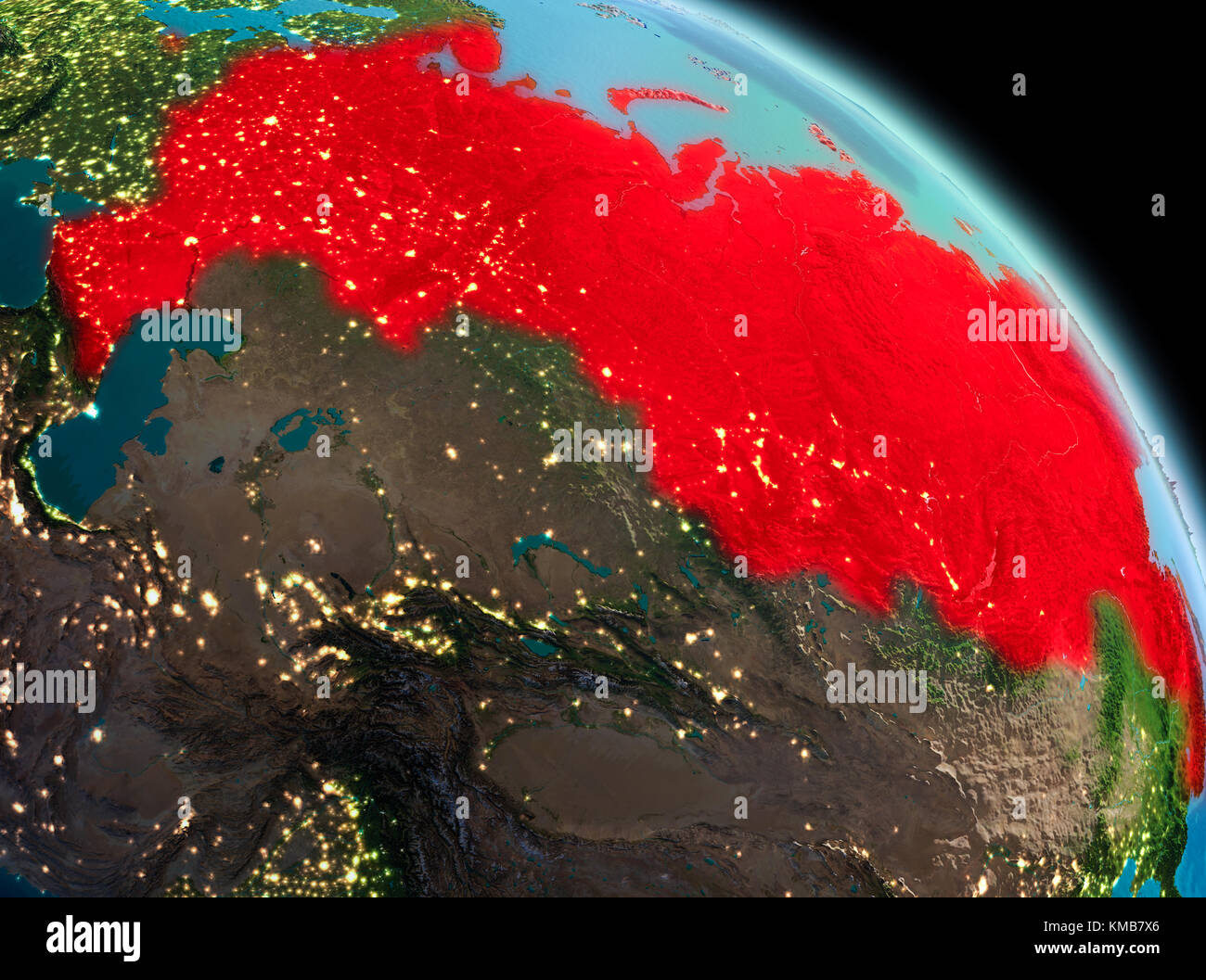 Satellite morning view of Russia highlighted in red on planet Earth. 3D ...