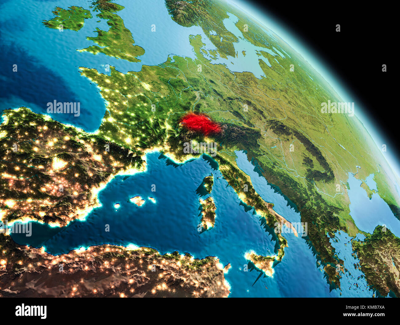 Satellite morning view of Switzerland highlighted in red on planet Earth. 3D illustration ...
