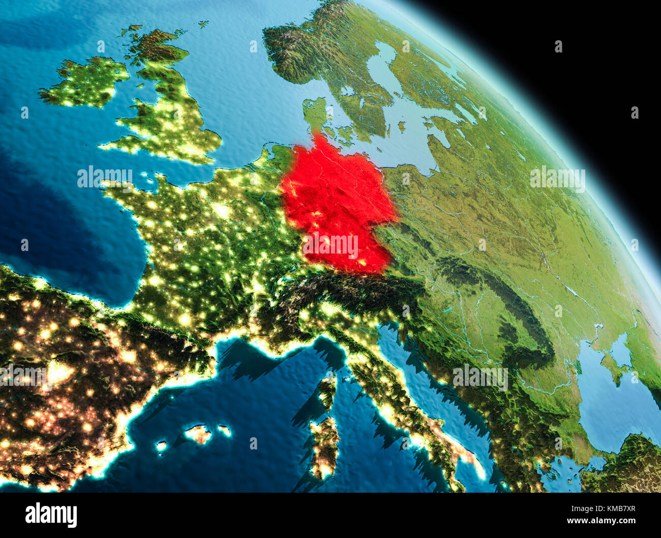 Satellite morning view of Germany highlighted in red on planet Earth. 3D illustration. Elements ...