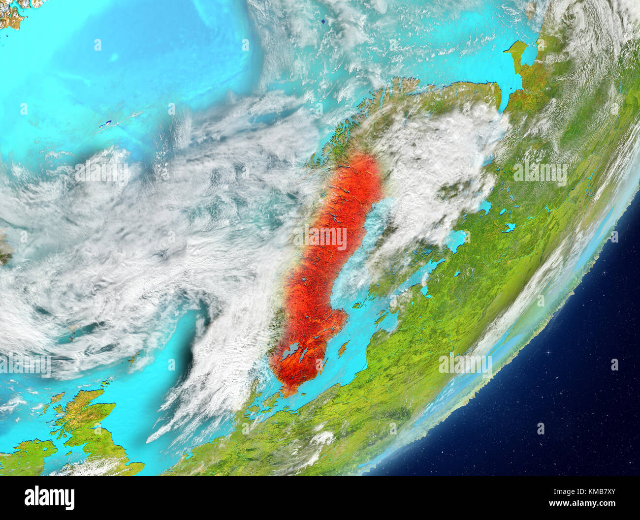 Satellite view of Sweden highlighted in red on planet Earth with clouds. 3D illustration ...