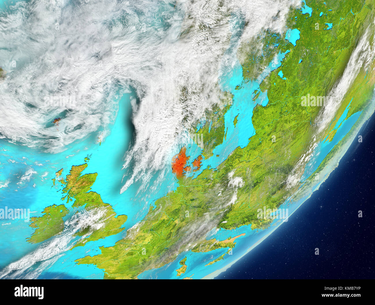 Satellite view of Denmark highlighted in red on planet Earth with clouds. 3D illustration ...