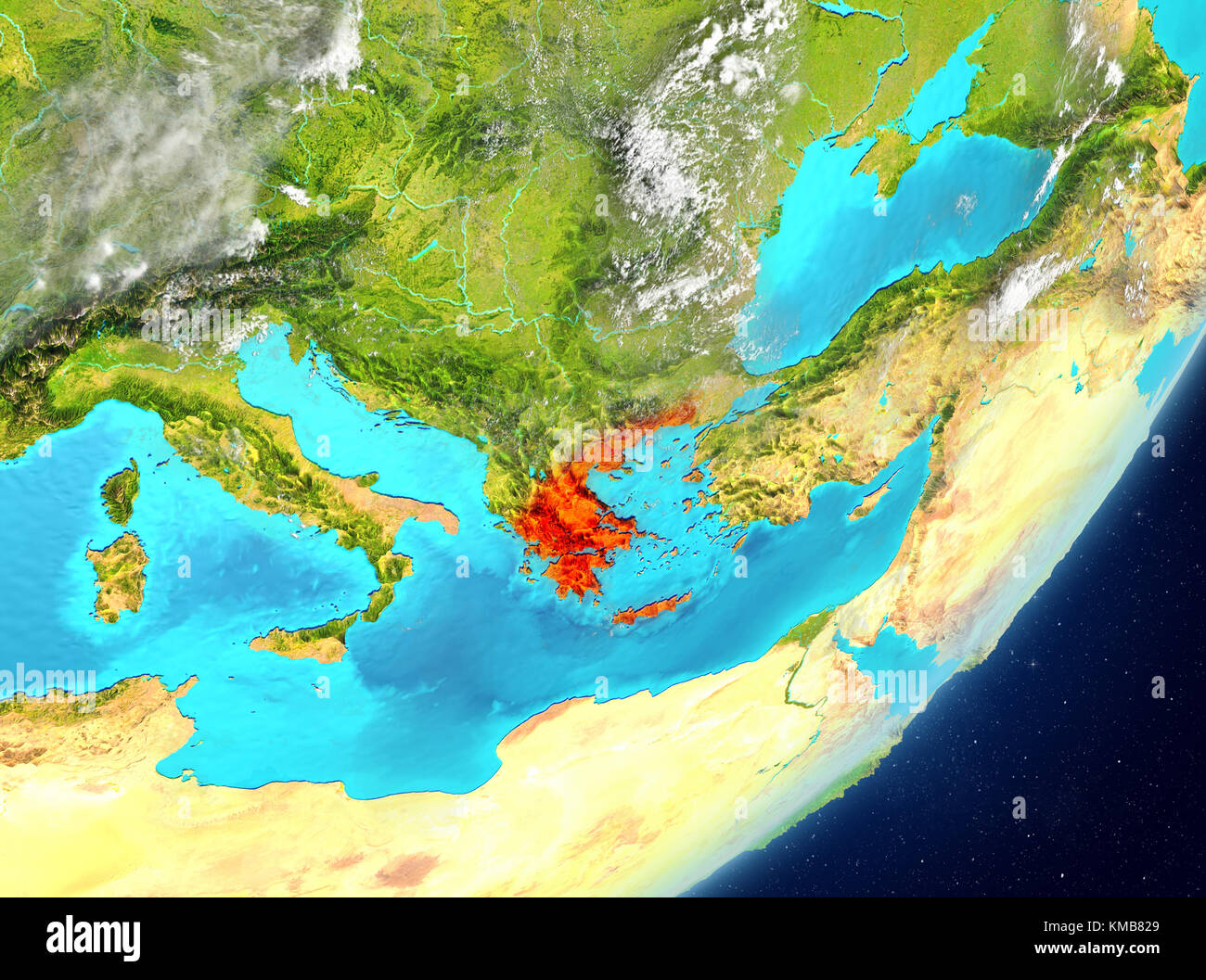 Satellite view of Greece highlighted in red on planet Earth with clouds ...