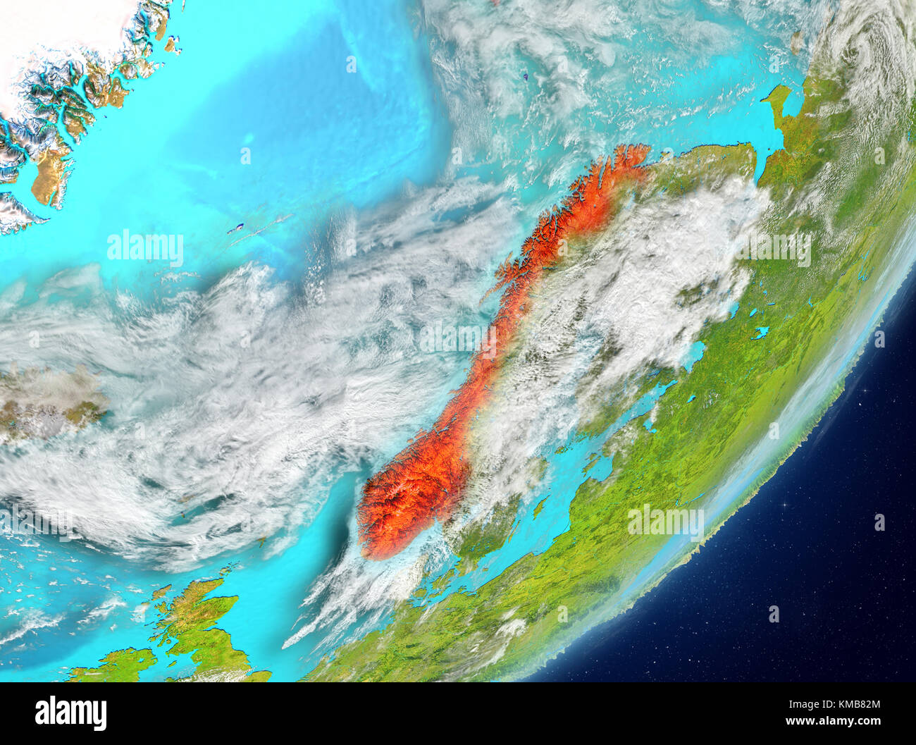 Satellite view of Norway highlighted in red on planet Earth with clouds. 3D illustration ...