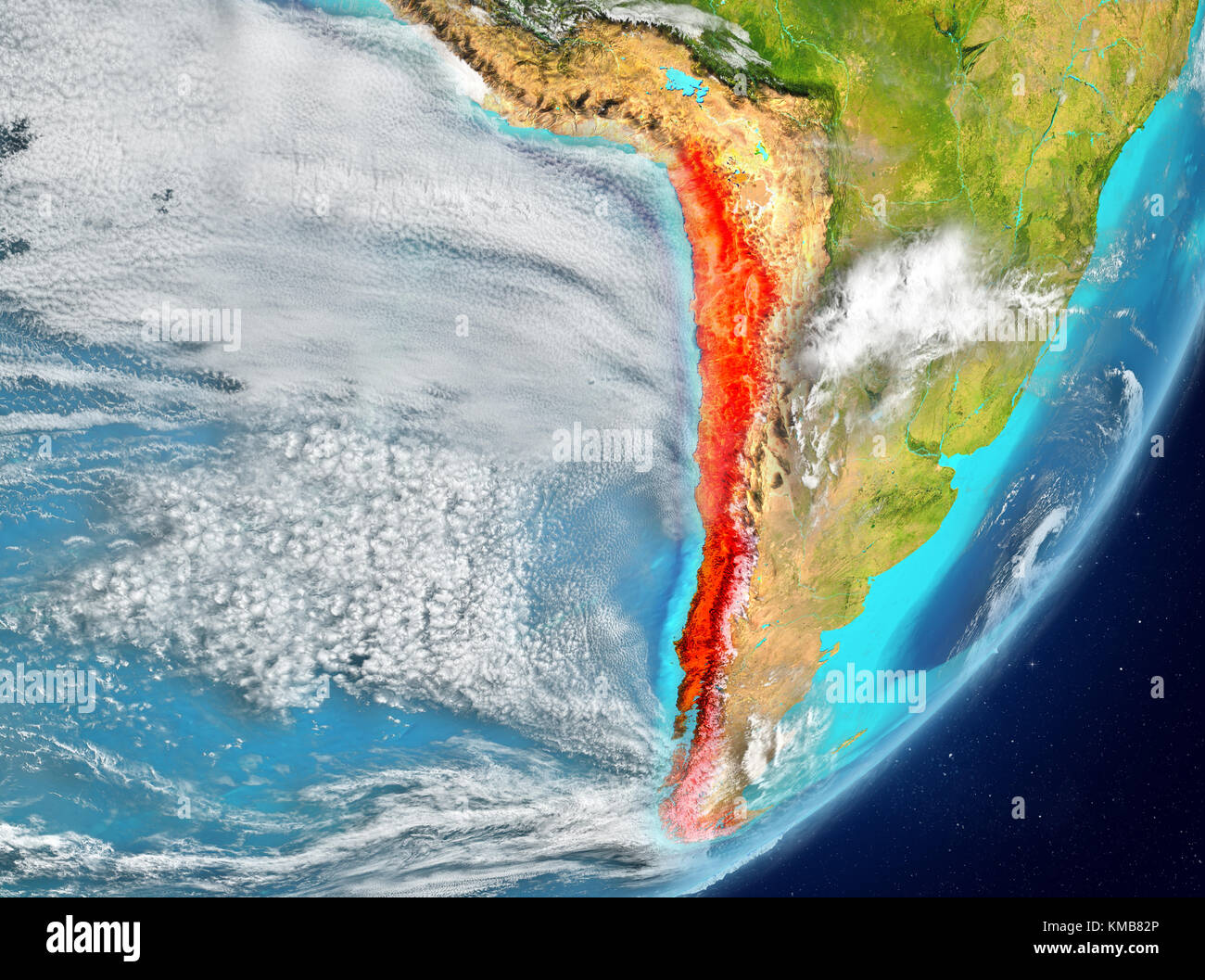 Satellite view of Chile highlighted in red on planet Earth with clouds ...
