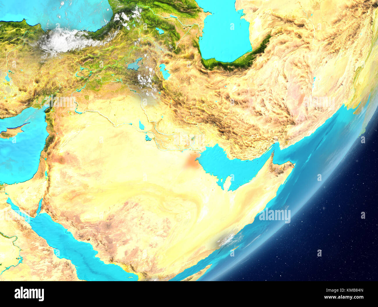 Satellite view of Kuwait highlighted in red on planet Earth with clouds ...