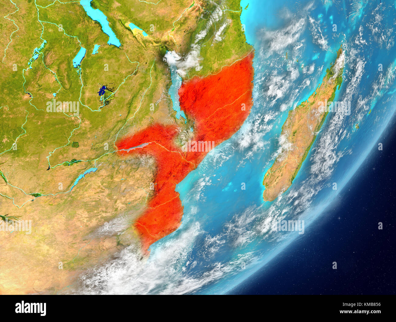 Satellite view of Mozambique highlighted in red on planet Earth with ...