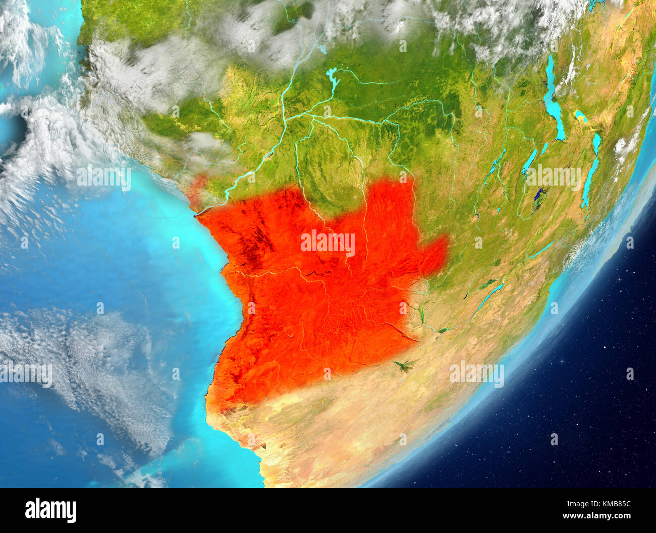 Satellite view of Angola highlighted in red on planet Earth with clouds ...