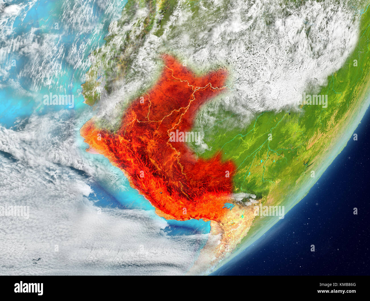 Satellite view of Peru highlighted in red on planet Earth with clouds ...