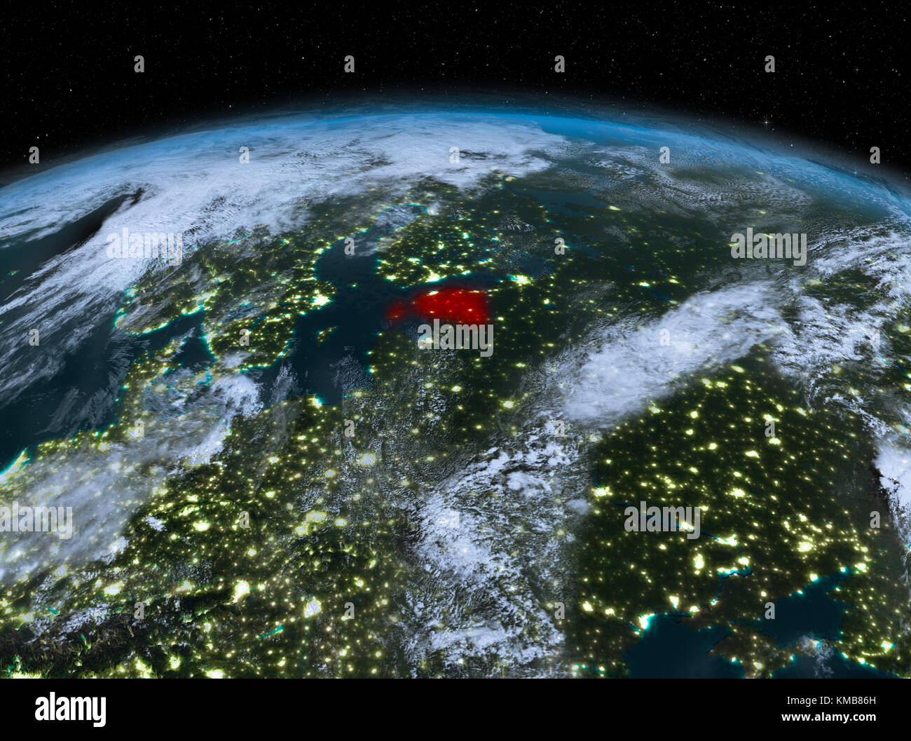 Satellite night view of Estonia highlighted in red on planet Earth with clouds. 3D illustration ...