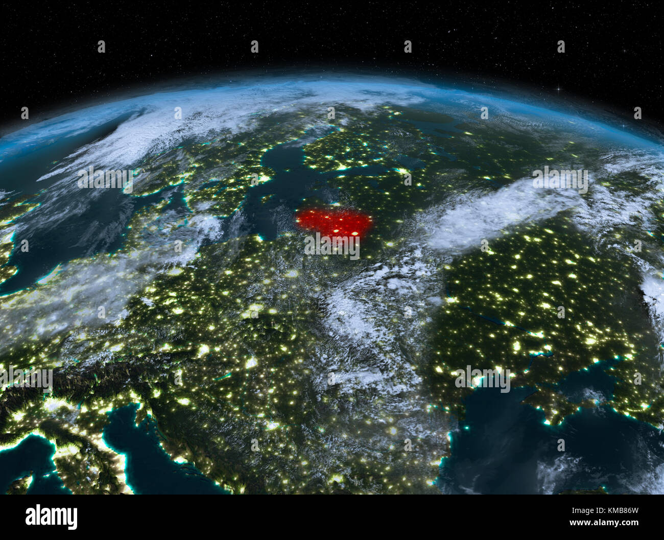 Satellite night view of Lithuania highlighted in red on planet Earth with clouds. 3D ...