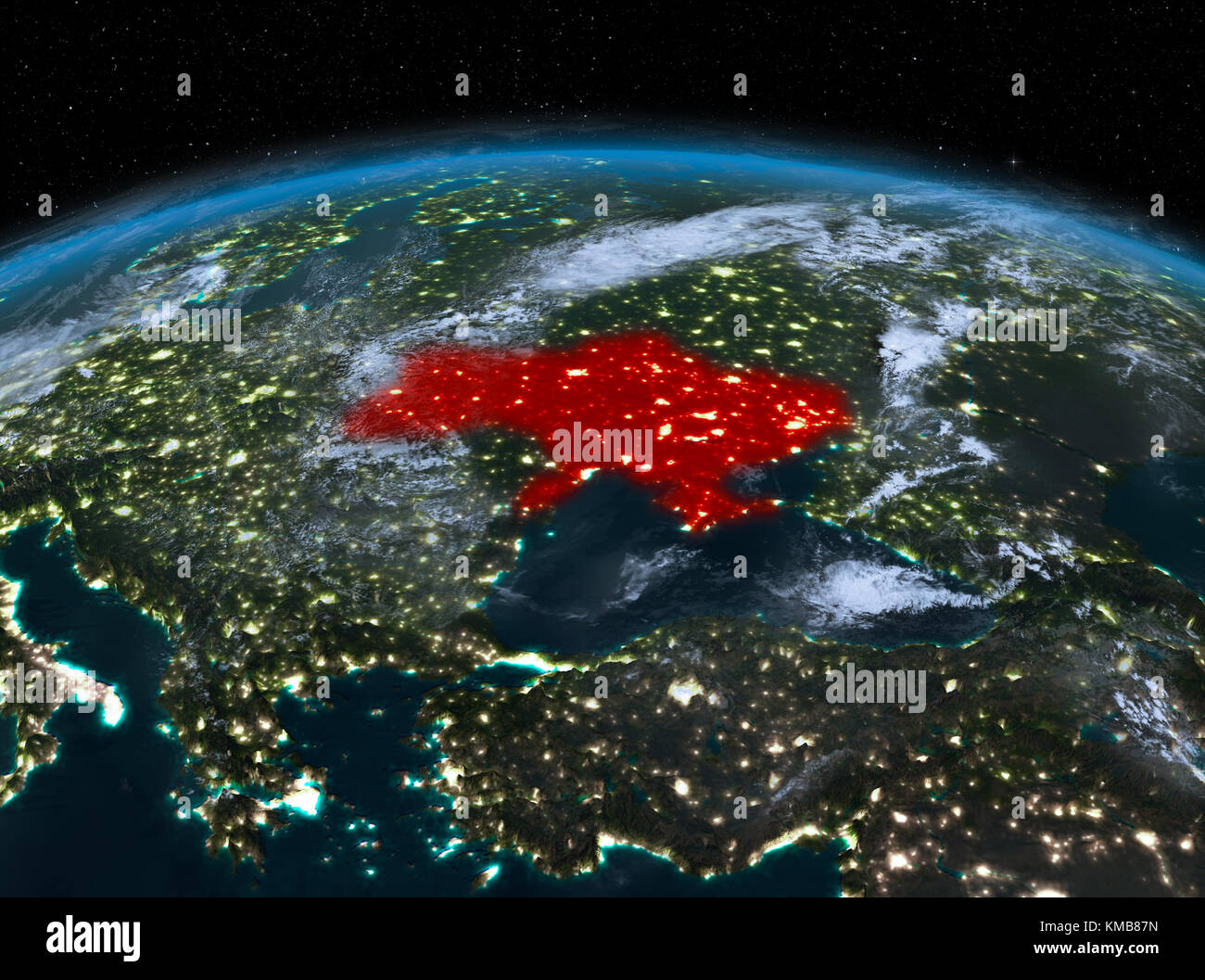 Satellite night view of Ukraine highlighted in red on planet Earth with clouds. 3D illustration ...