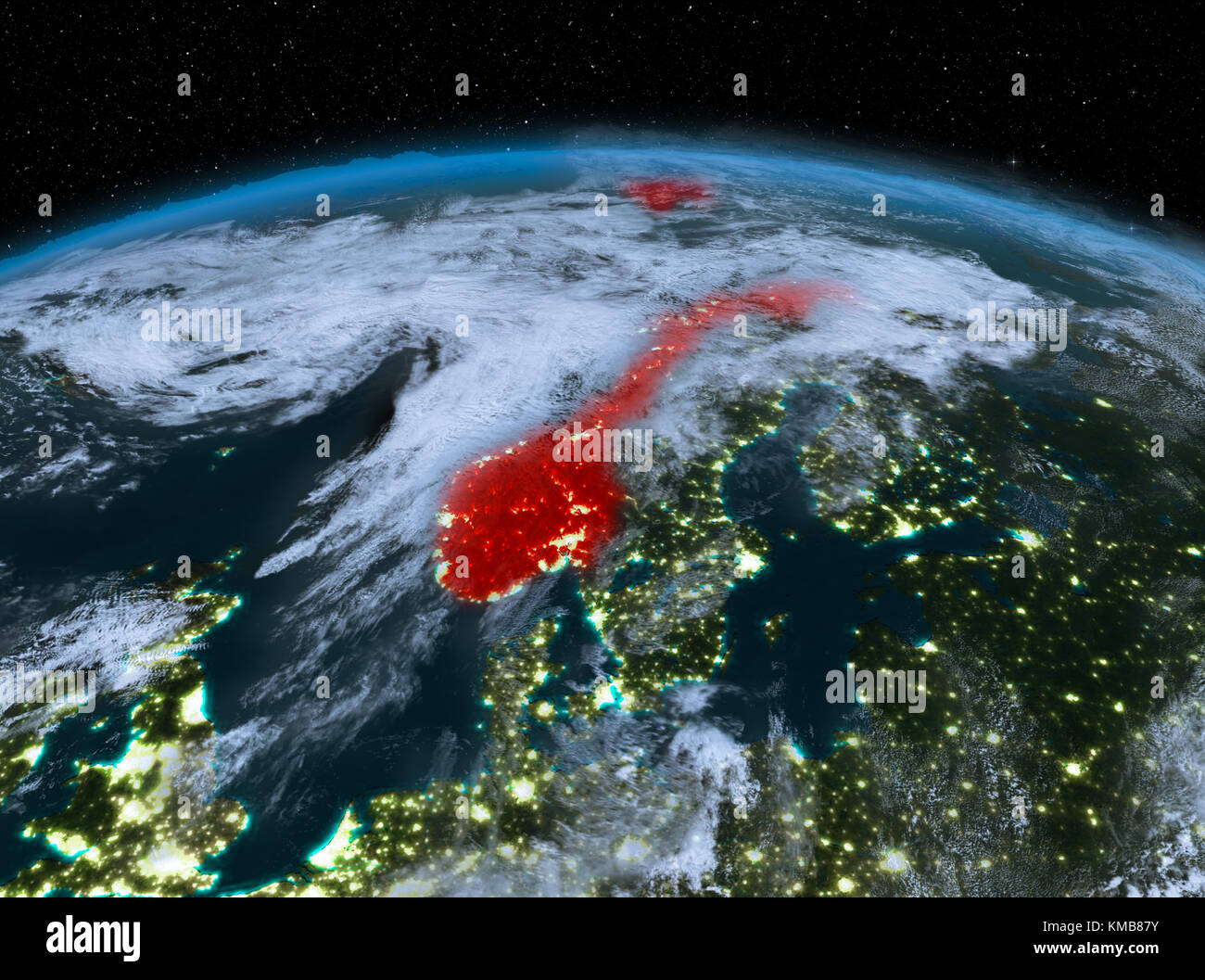 Satellite night view of Norway highlighted in red on planet Earth with clouds. 3D illustration ...