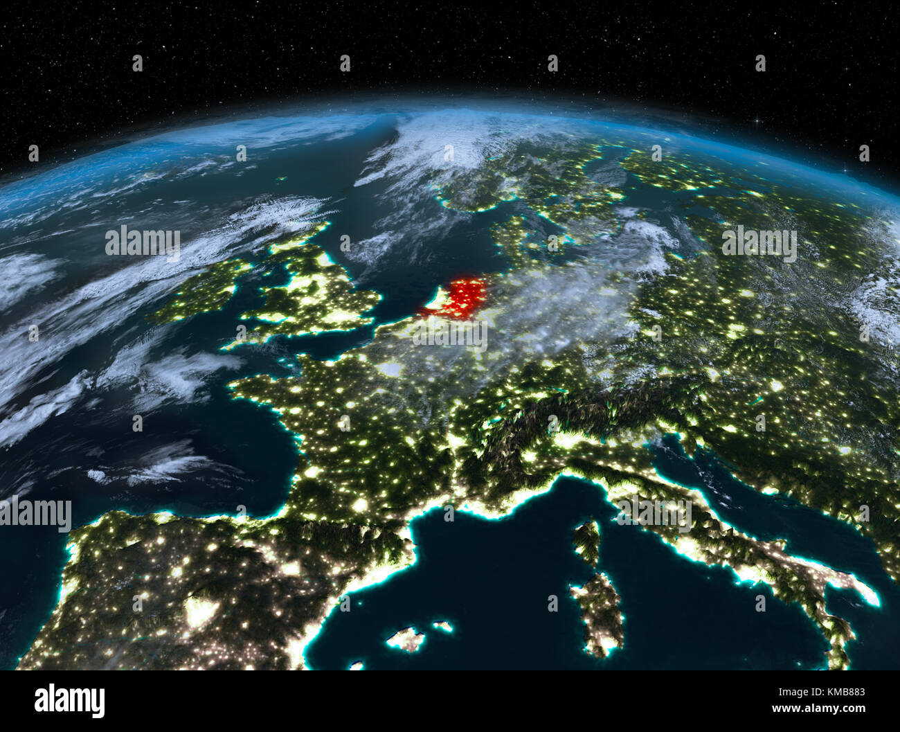 Satellite night view of Netherlands highlighted in red on planet Earth with clouds. 3D ...
