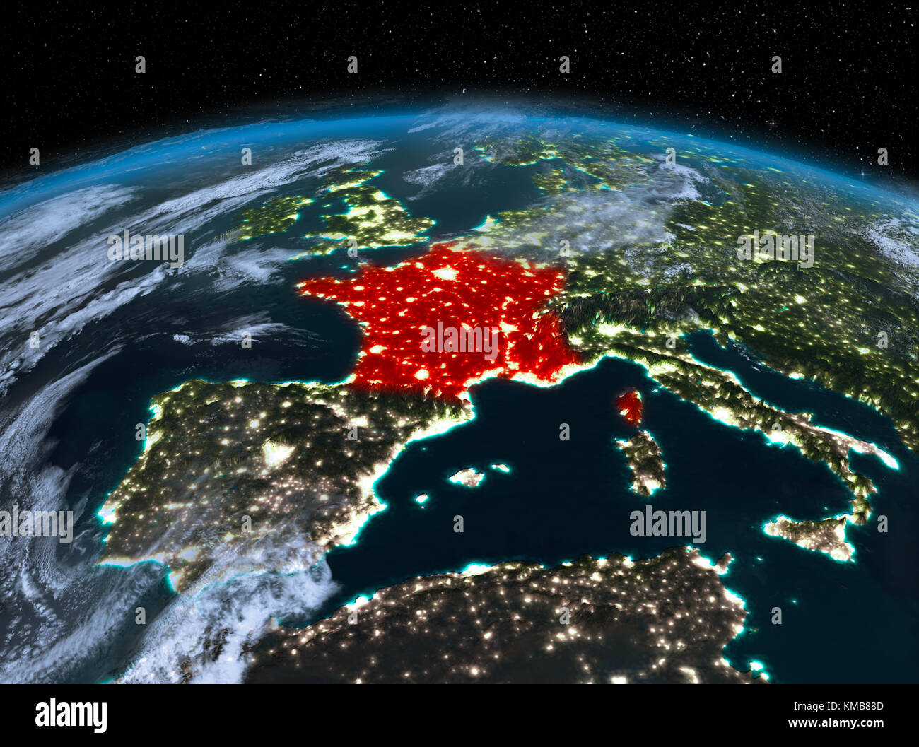 Satellite night view of France highlighted in red on planet Earth with ...