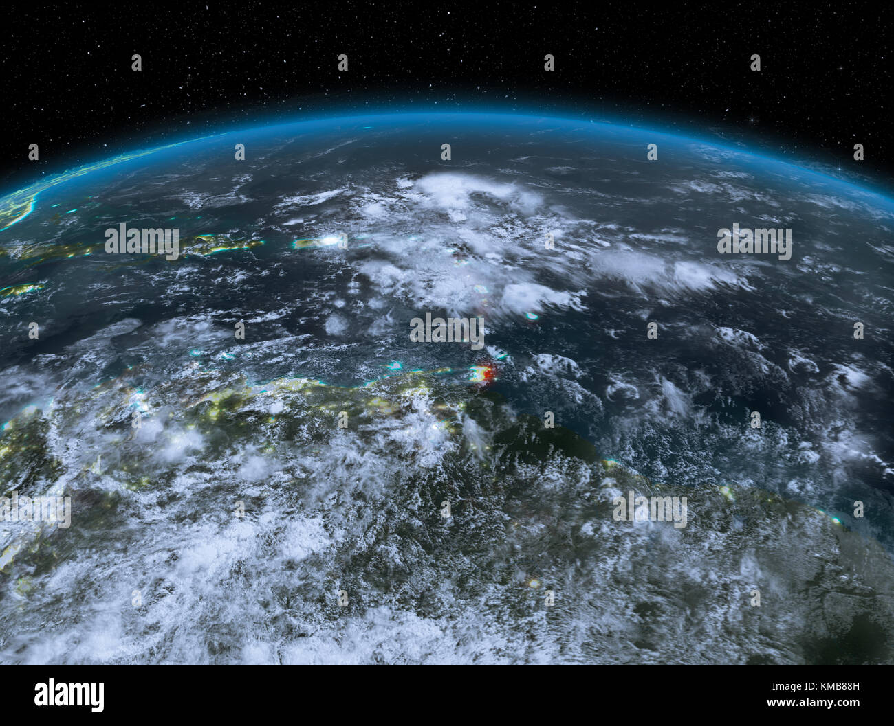 Satellite night view of Caribbean highlighted in red on planet Earth with clouds. 3D ...