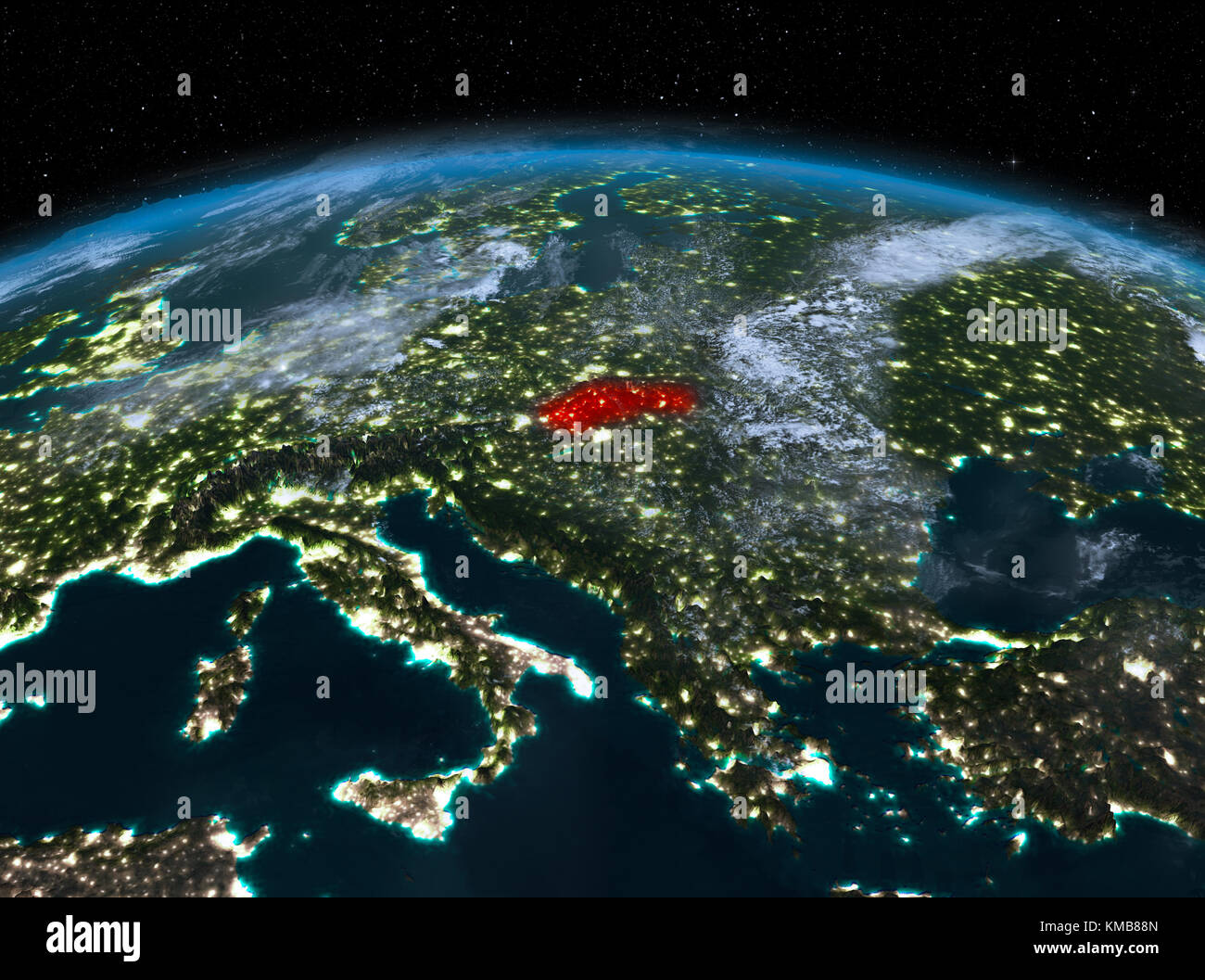 Satellite night view of Slovakia highlighted in red on planet Earth with clouds. 3D illustration ...
