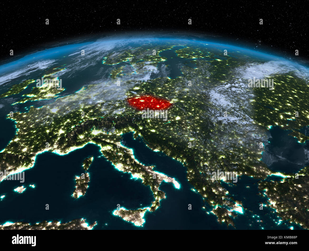 Satellite night view of Czech republic highlighted in red on planet Earth with clouds. 3D ...