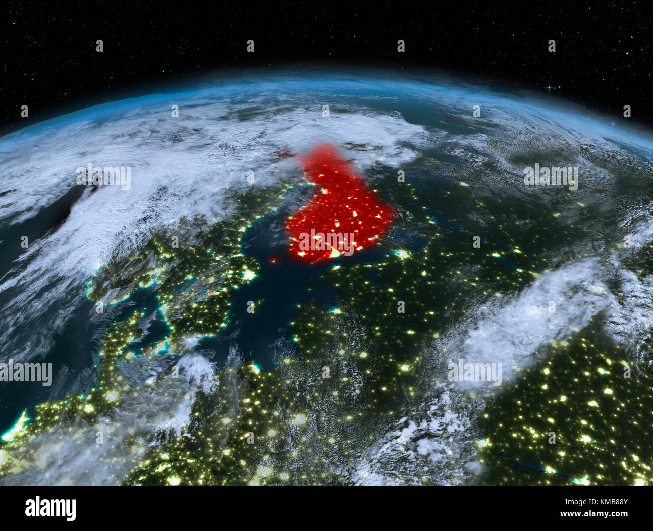 Satellite night view of Finland highlighted in red on planet Earth with ...