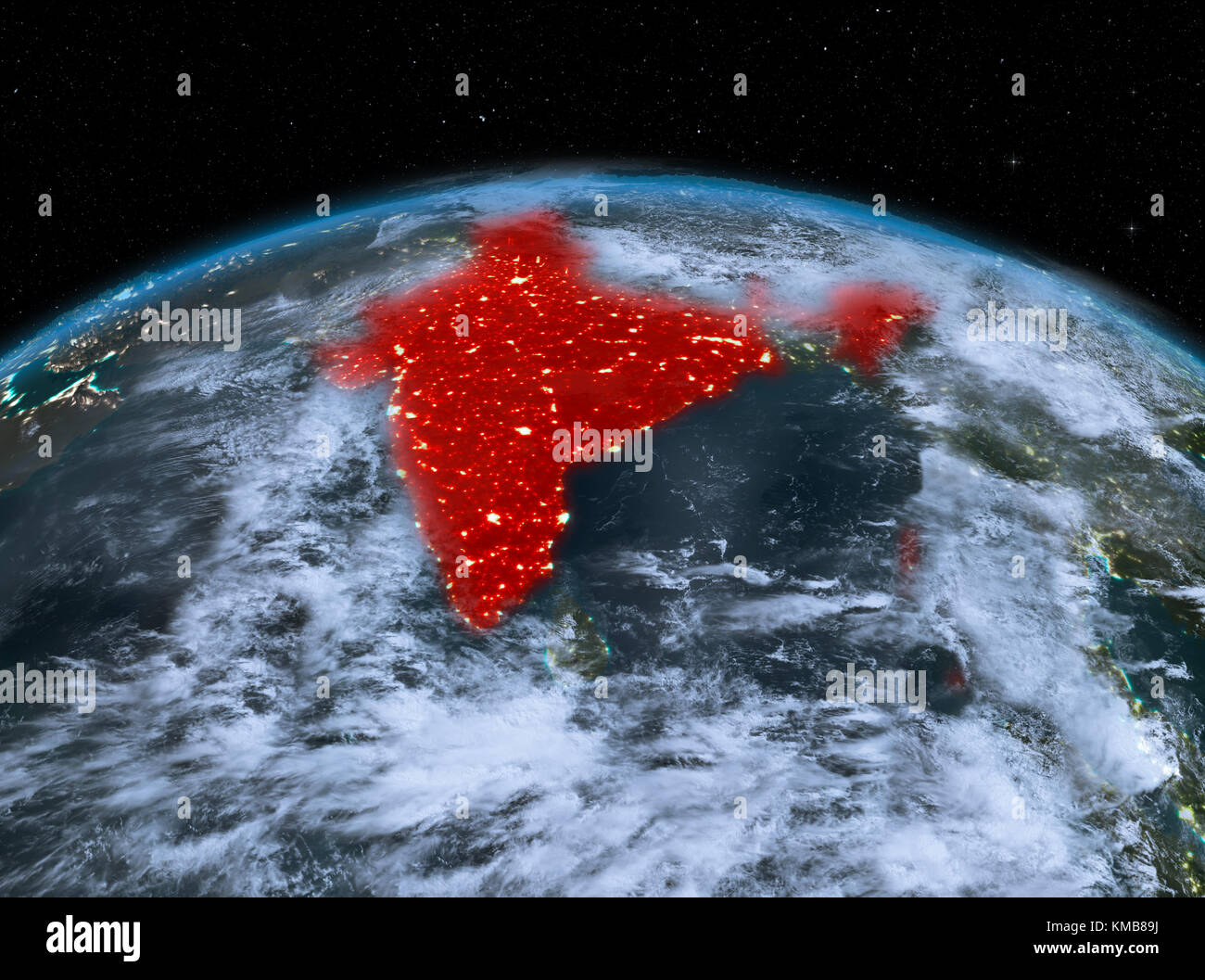 Satellite night view of India highlighted in red on planet Earth with ...