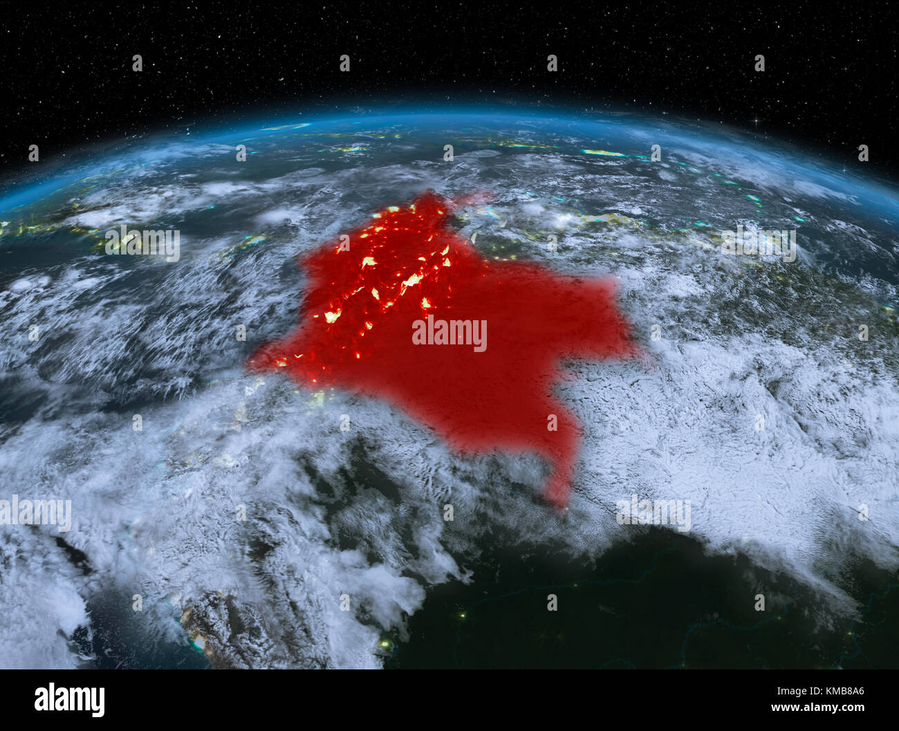 Satellite night view of Colombia highlighted in red on planet Earth ...