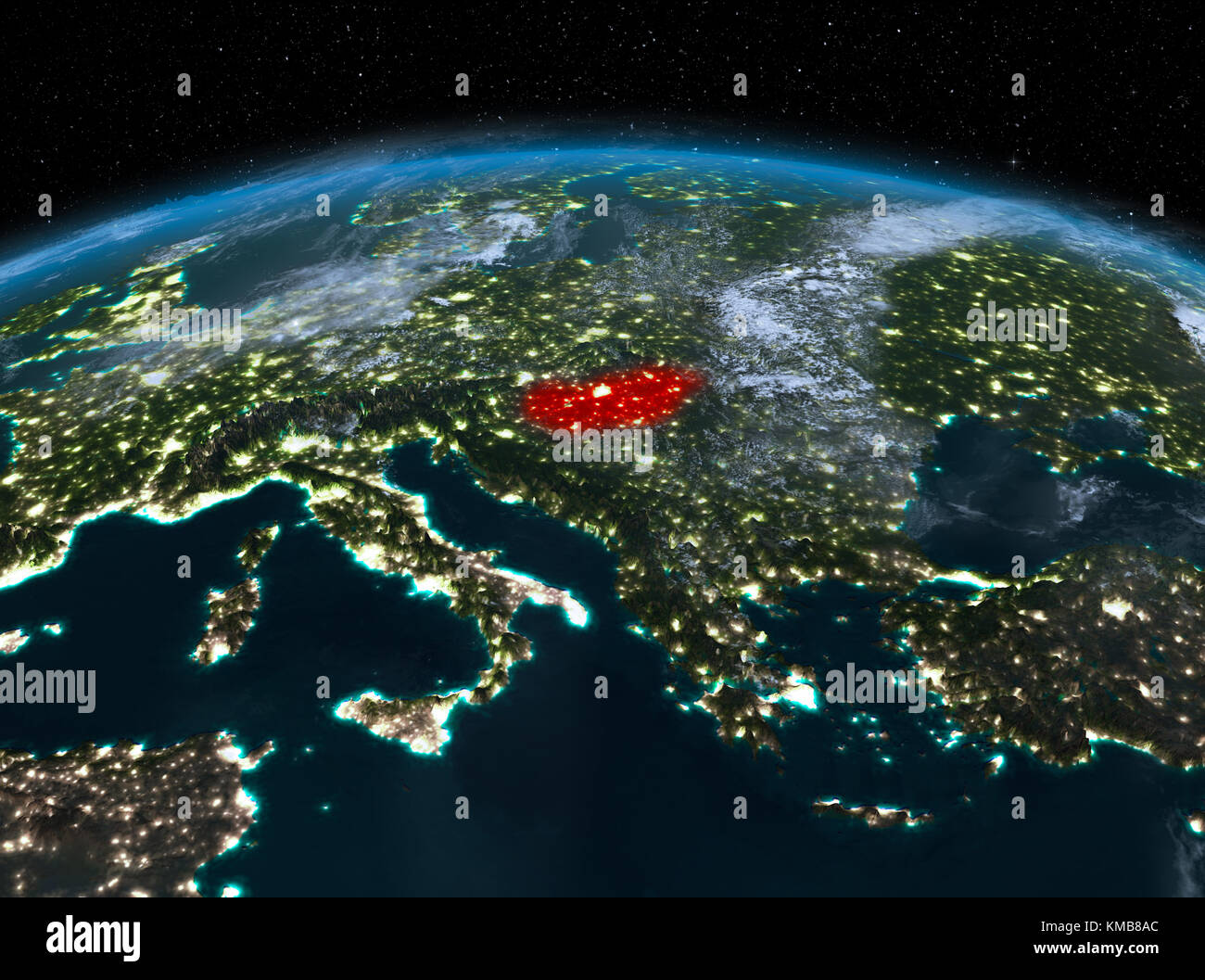 Satellite night view of Hungary highlighted in red on planet Earth with clouds. 3D illustration ...