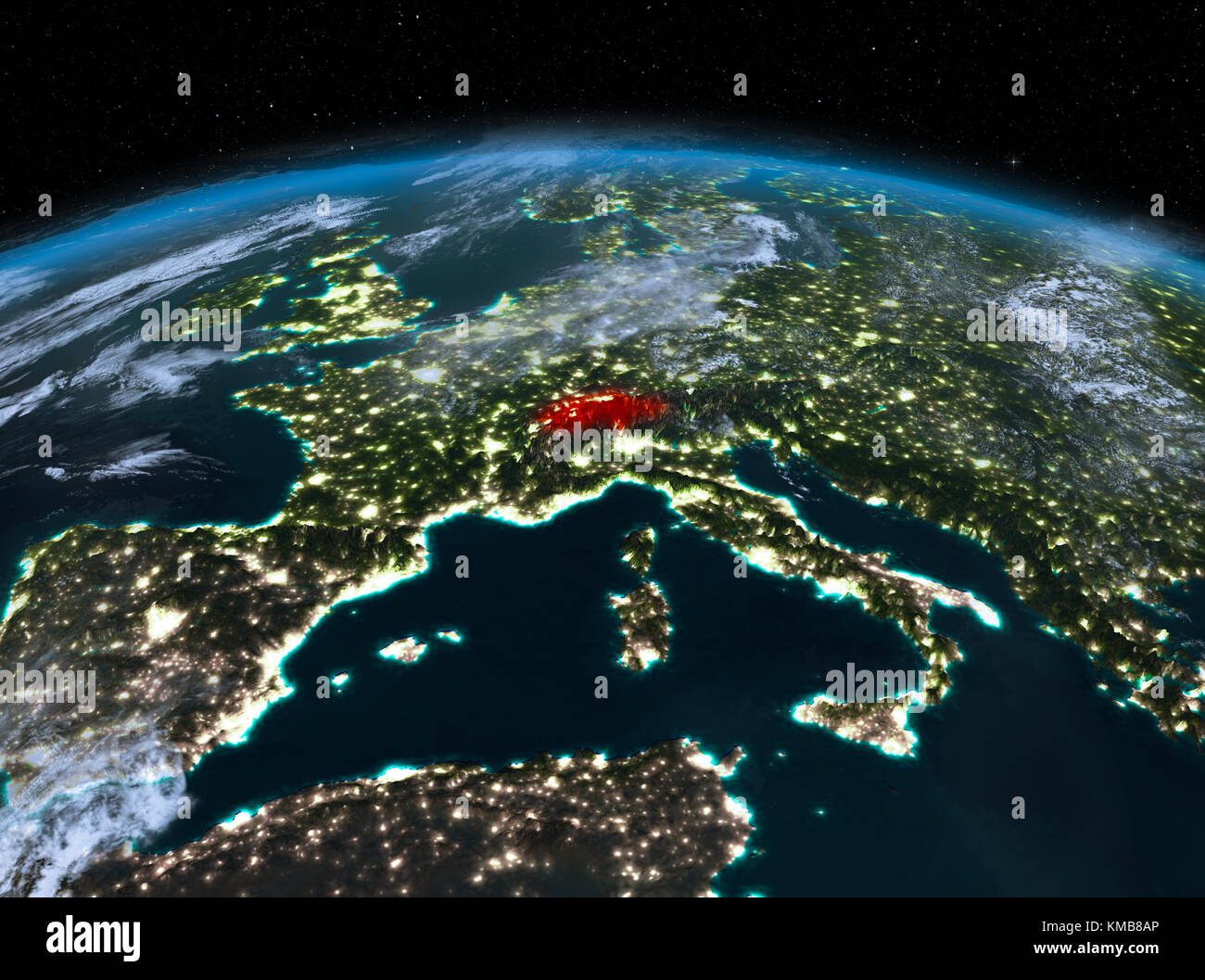 Satellite night view of Switzerland highlighted in red on planet Earth with clouds. 3D ...