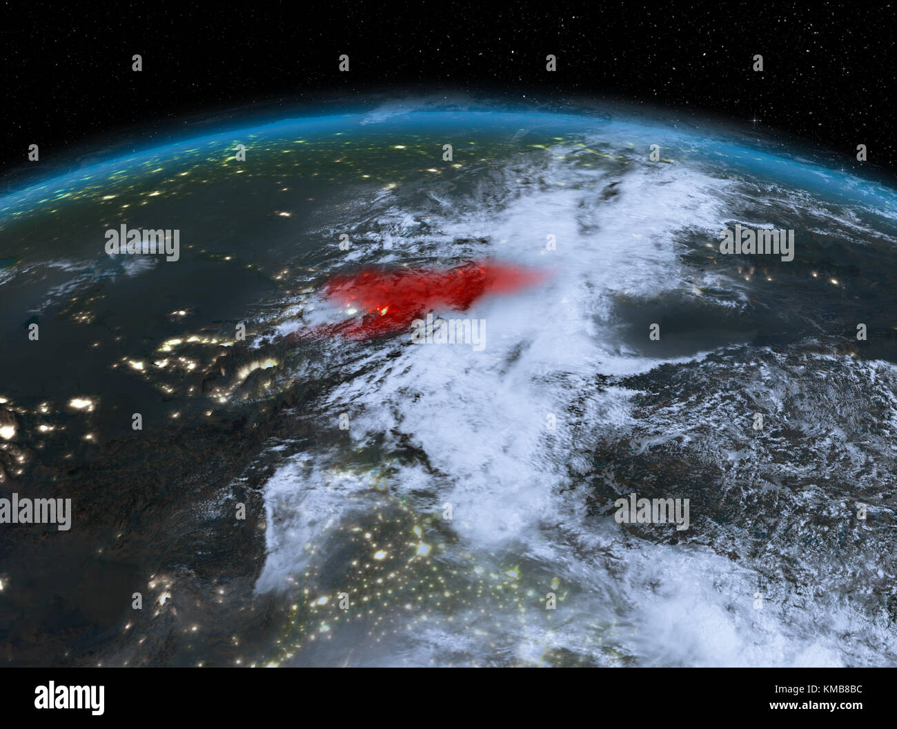 Satellite night view of Kyrgyzstan highlighted in red on planet Earth with clouds. 3D ...
