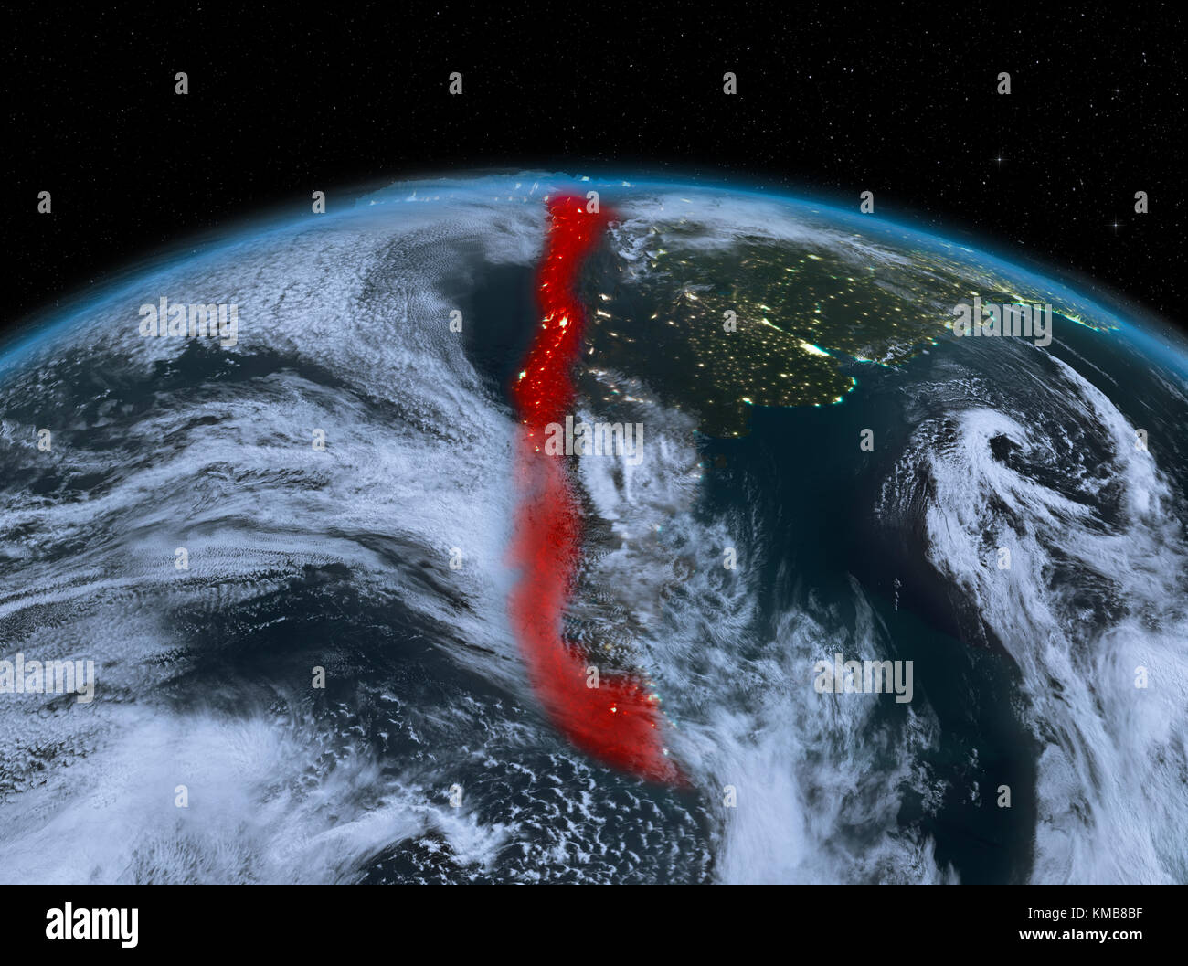 Satellite night view of Chile highlighted in red on planet Earth with ...