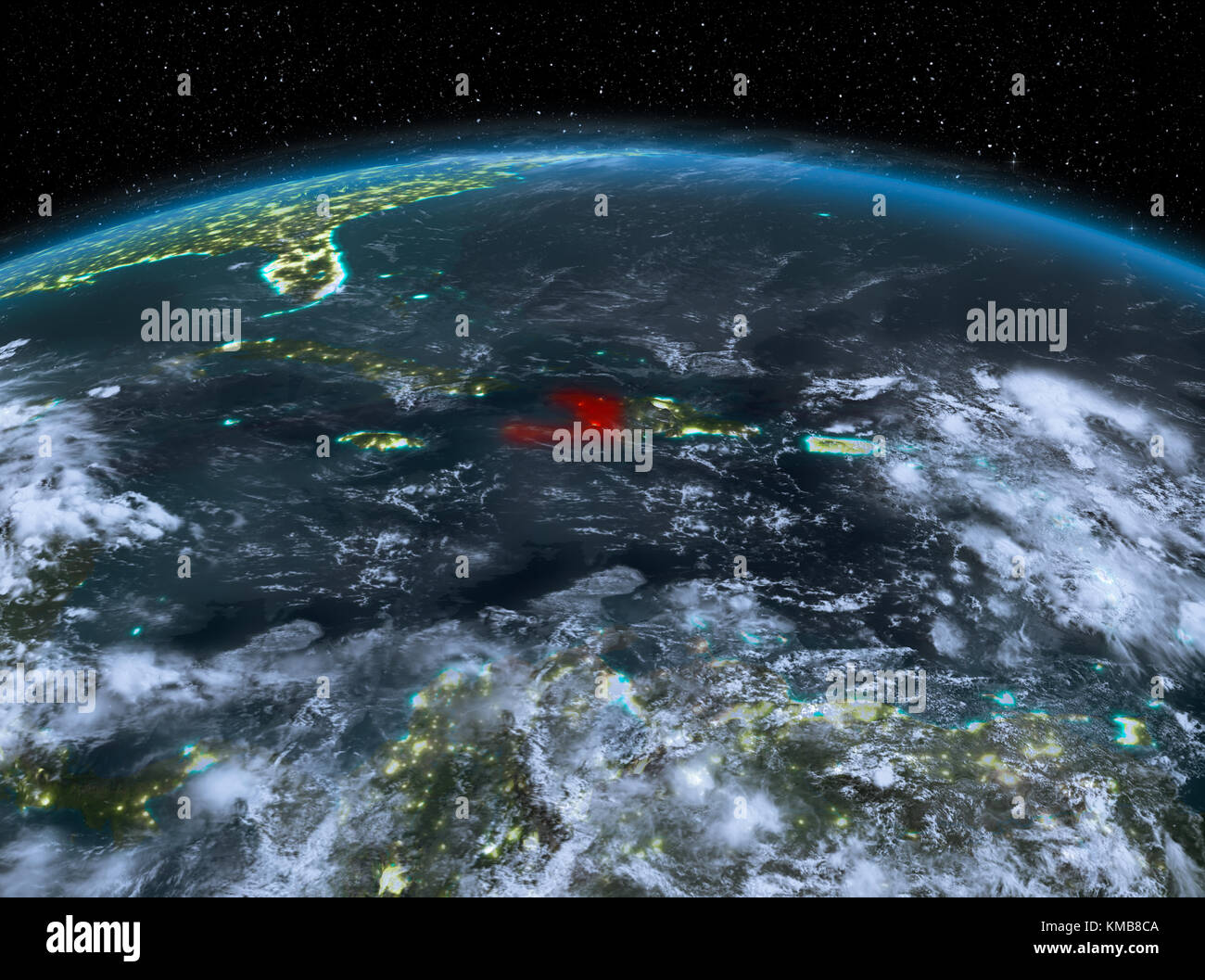 Satellite night view of Haiti highlighted in red on planet Earth with clouds. 3D illustration ...