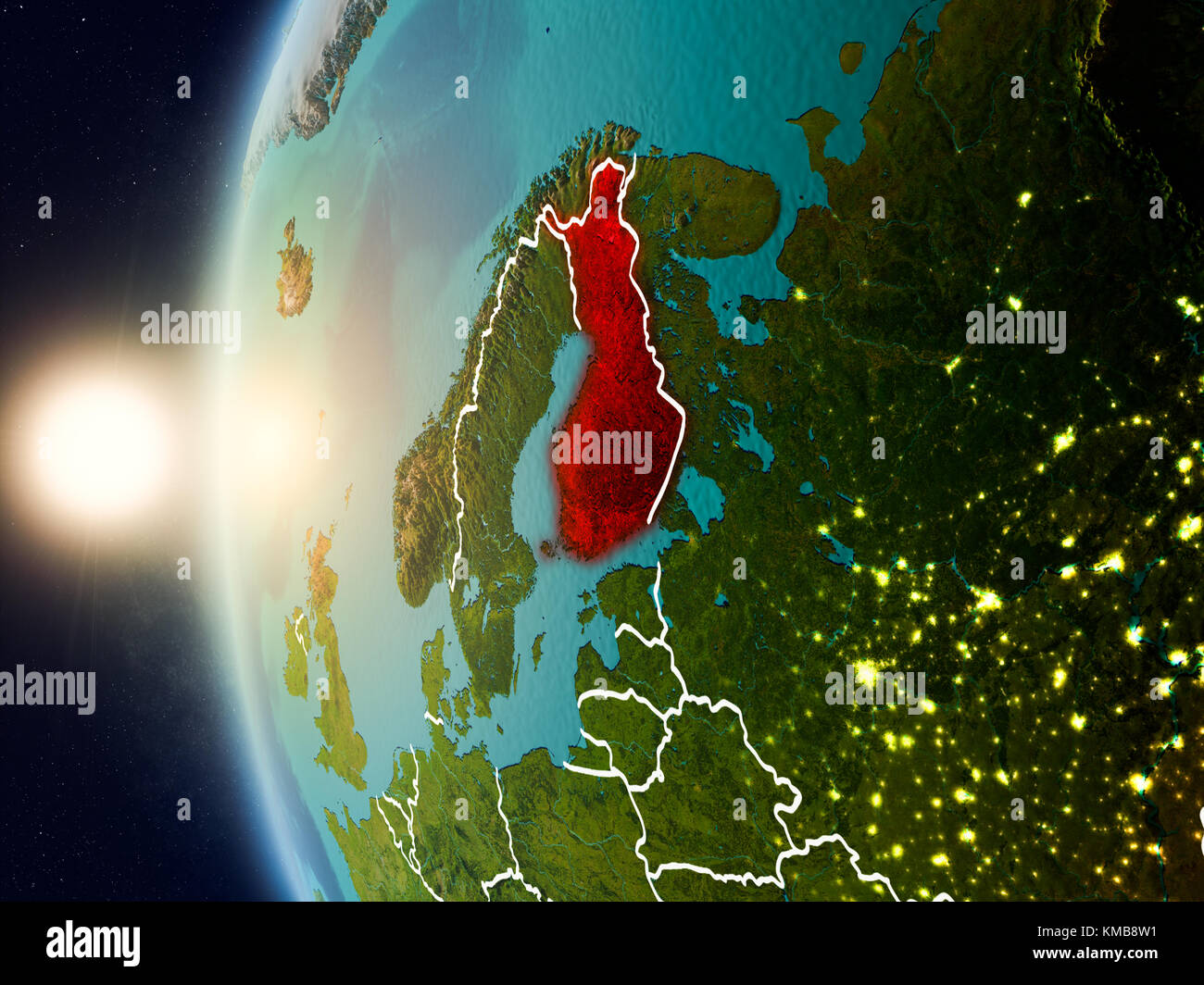 Illustration of Finland as seen from Earth’s orbit during sunset with ...
