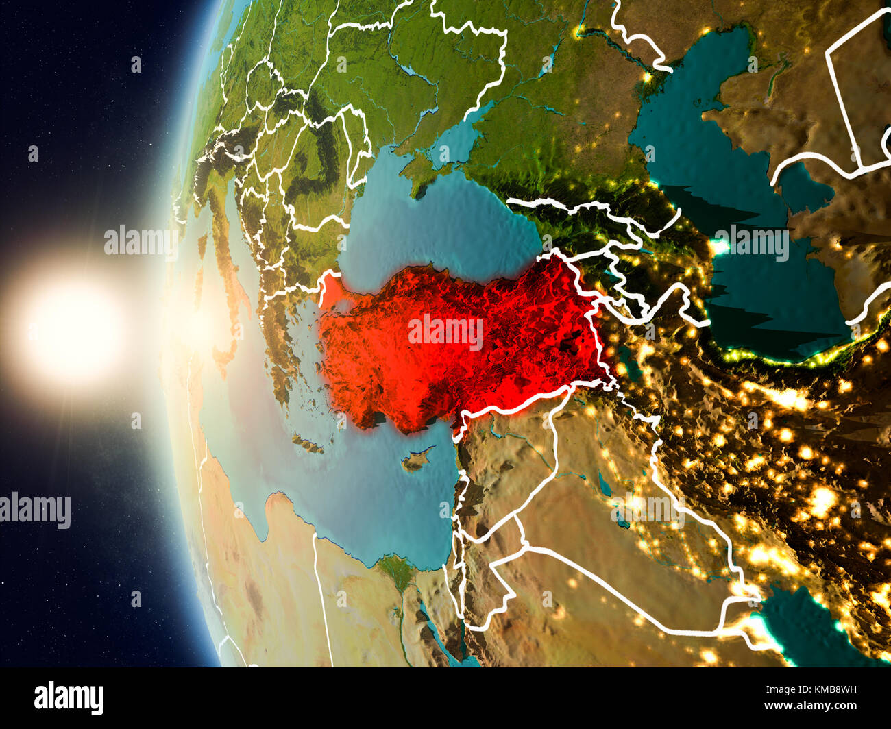 Illustration of Turkey as seen from Earth’s orbit during sunset with ...