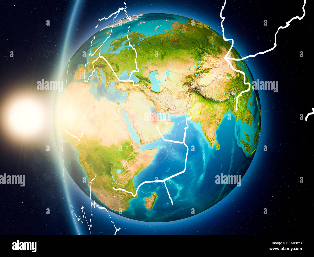 Illustration of Qatar as seen from Earth’s orbit during sunset with ...
