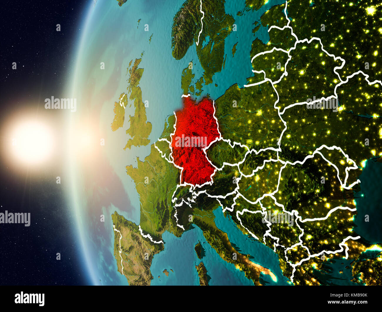 Illustration of Germany as seen from Earth’s orbit during sunset with ...