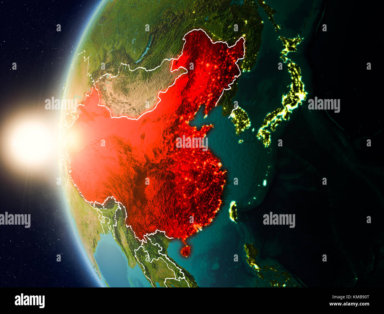 Illustration of China as seen from Earth’s orbit during sunset with ...