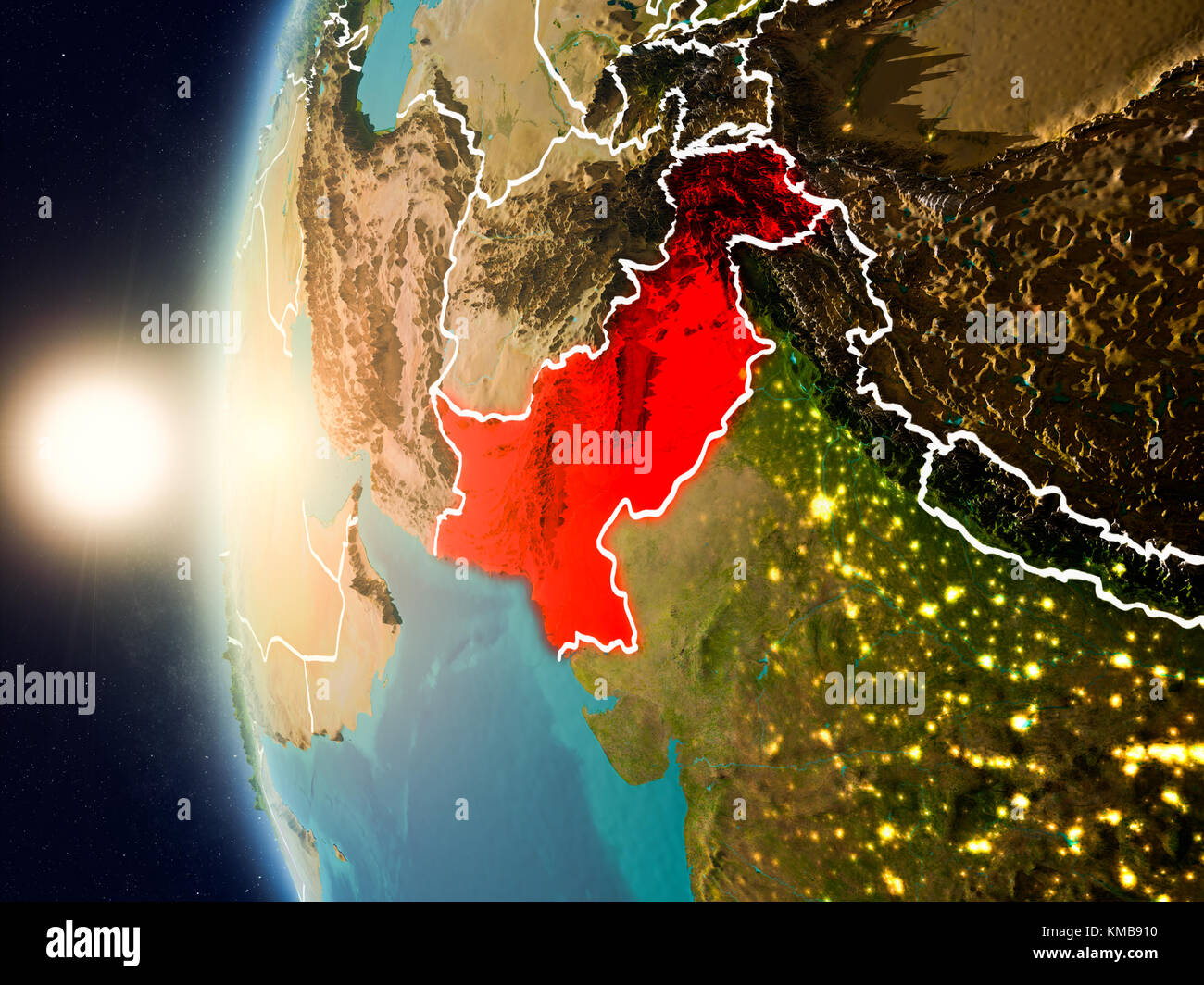 Illustration of Pakistan as seen from Earth’s orbit during sunset with ...