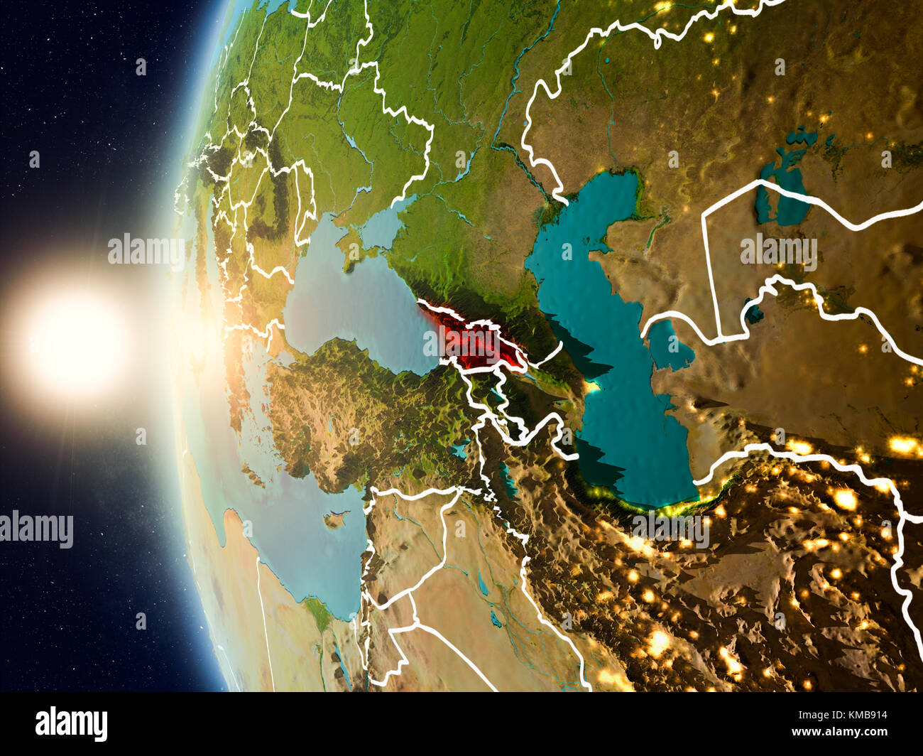 Illustration of Georgia as seen from Earth’s orbit during sunset with ...