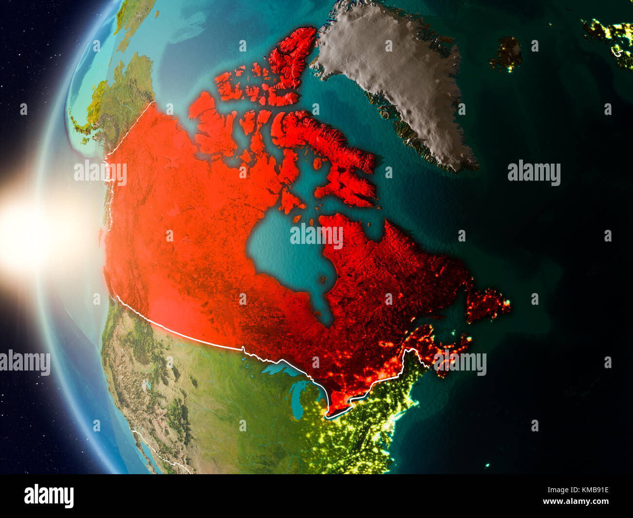 Illustration of Canada as seen from Earth’s orbit during sunset with ...