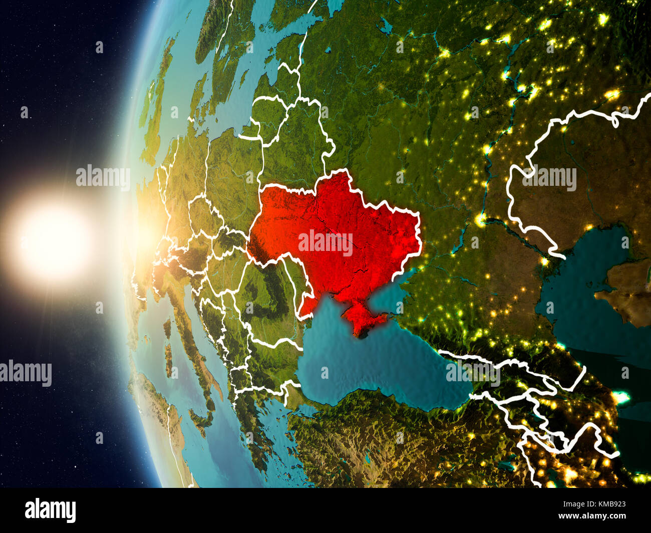 Illustration of Ukraine as seen from Earth’s orbit during sunset with ...